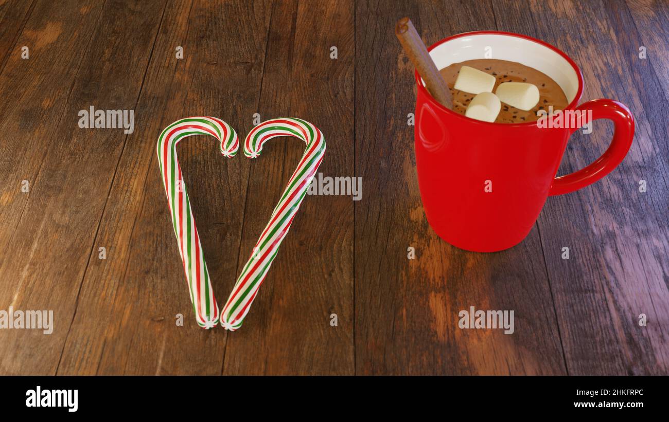 3d render. Hot cocoa with marshmallows, cinnamon and candy canes ...