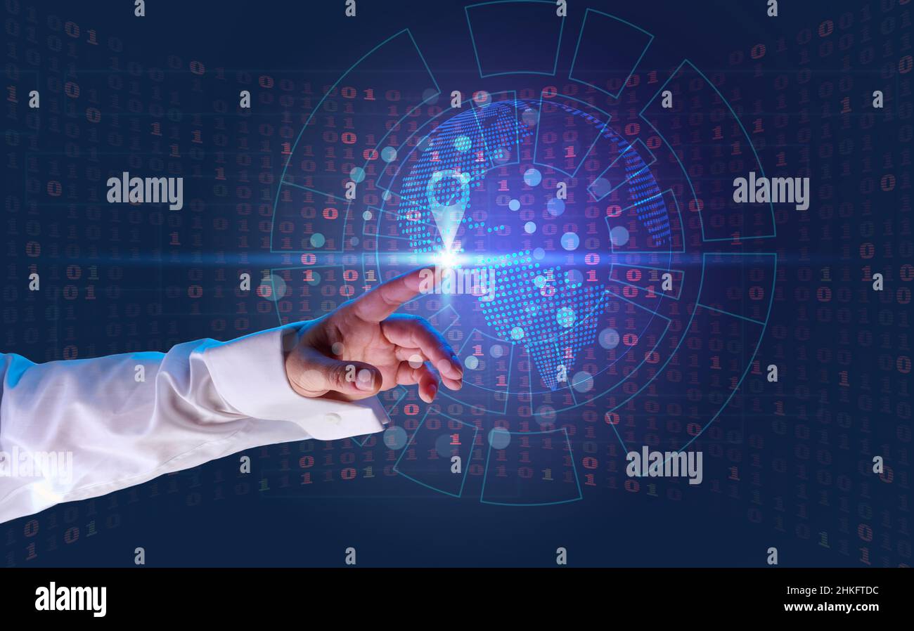 hand on the background of binary code on a virtual screen. Data verification, device and network ...