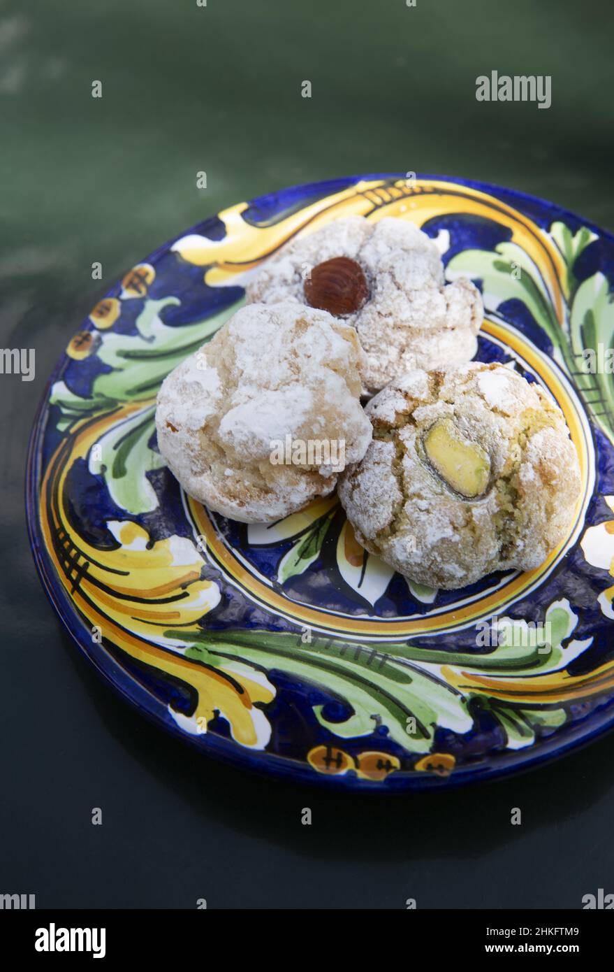 Italy, Sicily, Taormina, Sicilian pastries on a hand painted plate ...