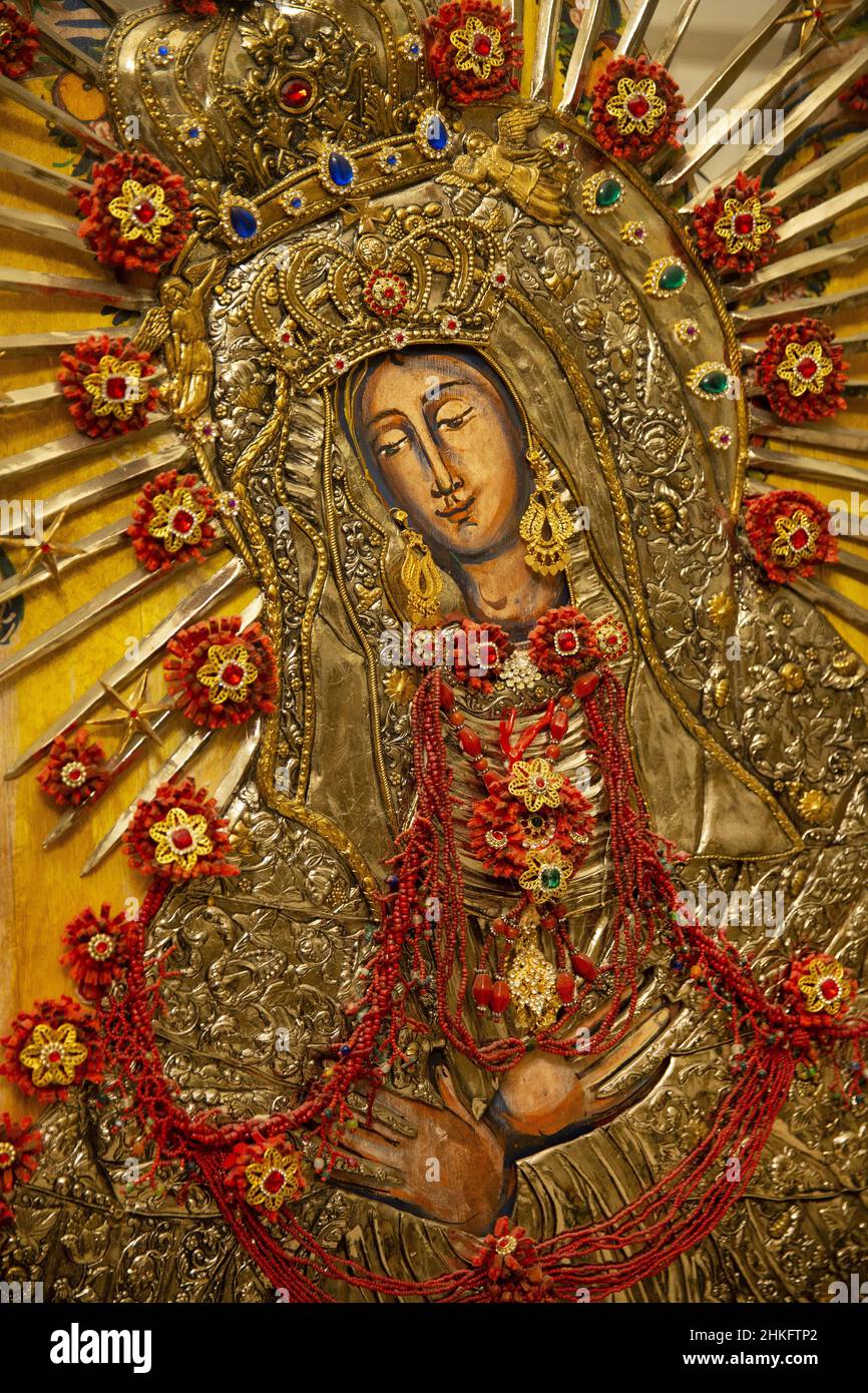 Italy, Sicily, Taormina, Baroque Virgin Mary painted and decorated with ...