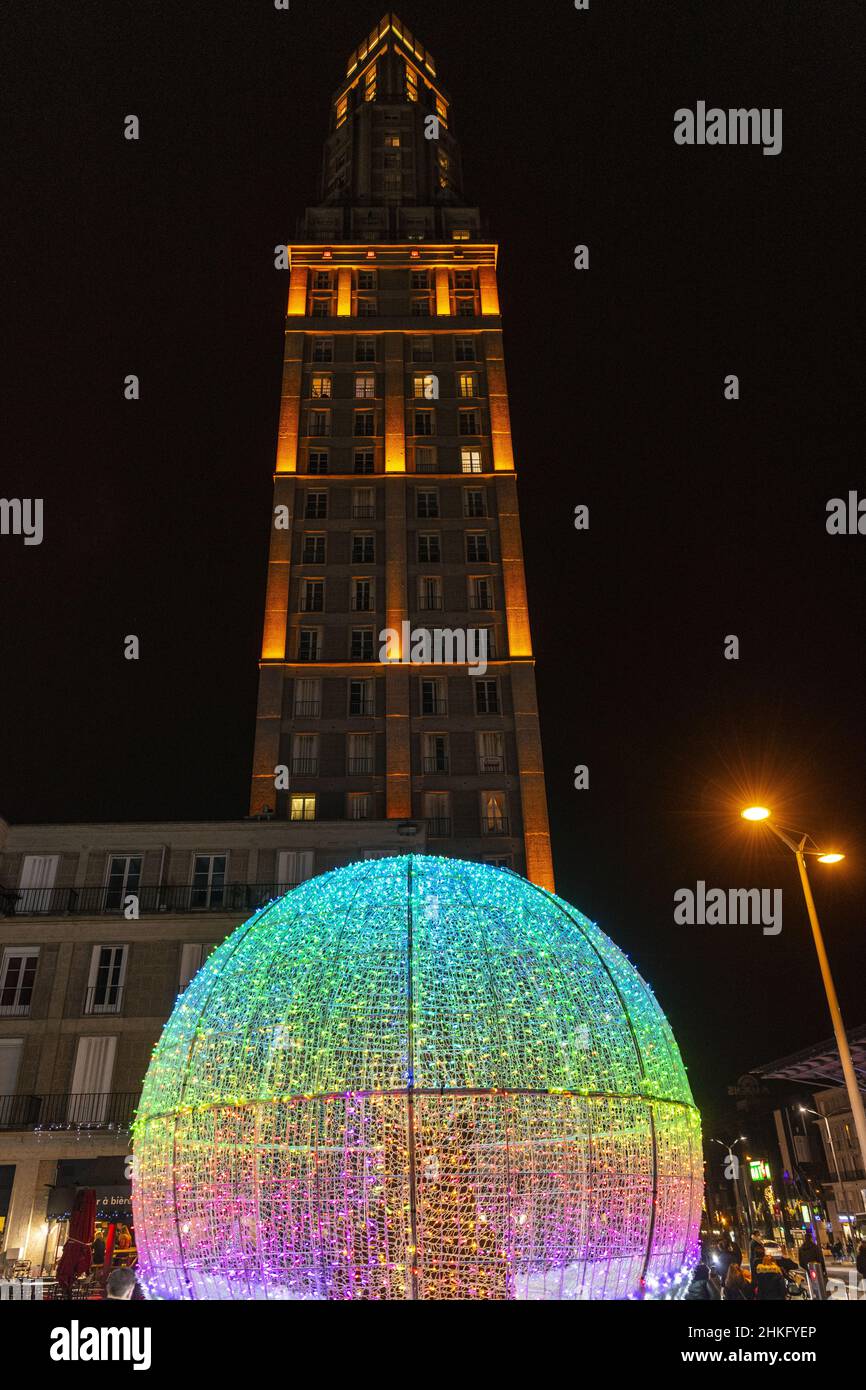 France, Somme, Amiens, illuminations of the Perret Tower Stock Photo ...