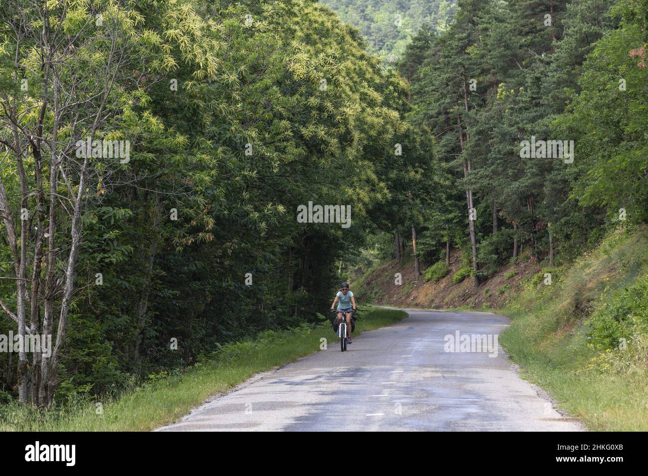 France, Ardeche, cycling trip, going up to the Col de Juvenet Stock ...
