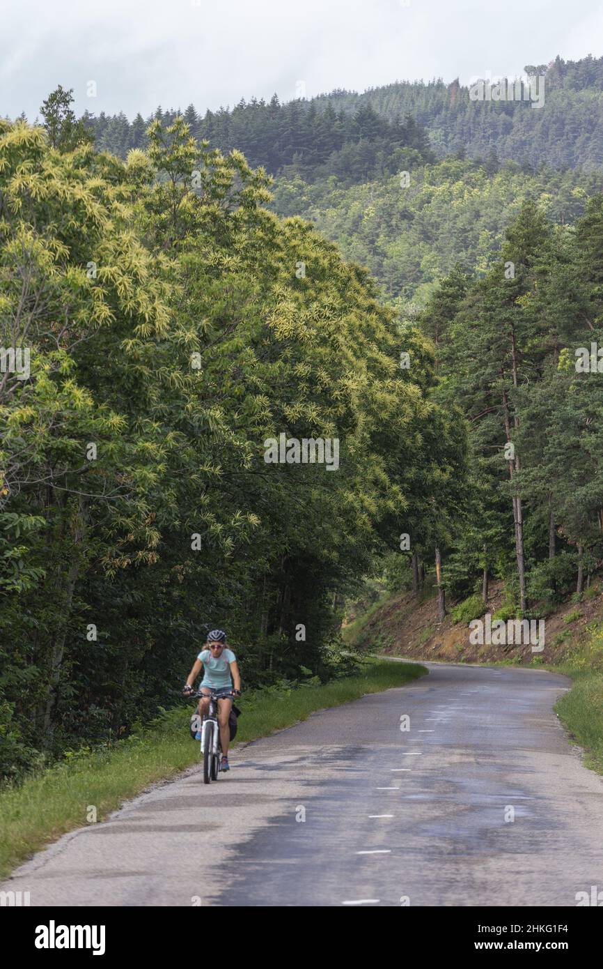 France, Ardeche, cycling trip, going up to the Col de Juvenet Stock ...