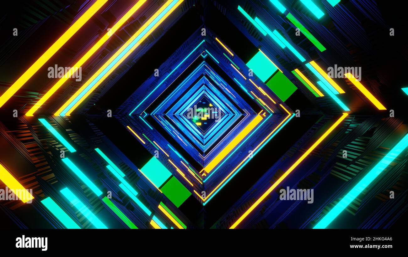 3D Render. Abstract interior sci-fi spaceship corridor with yellow and ...