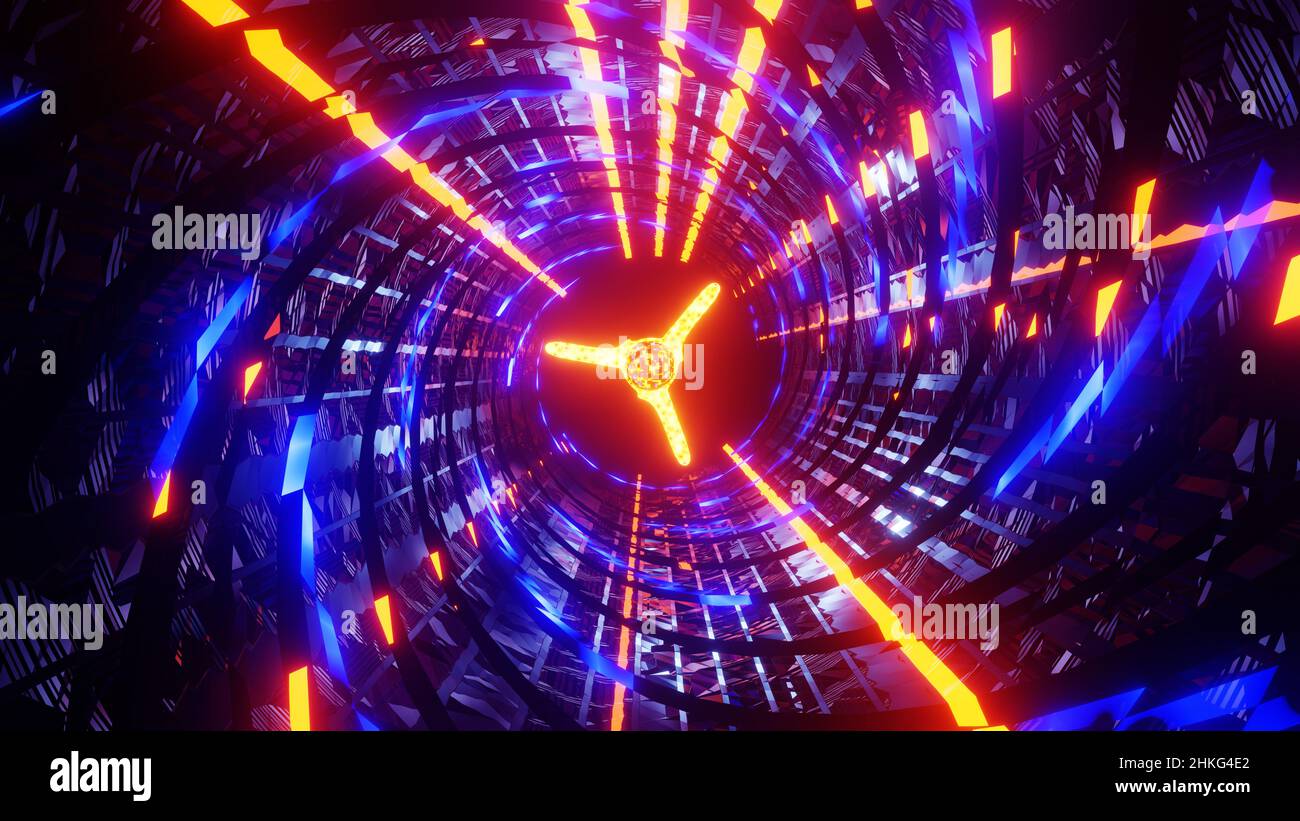 3D Render. Abstract interior sci-fi spaceship corridor with yellow and ...