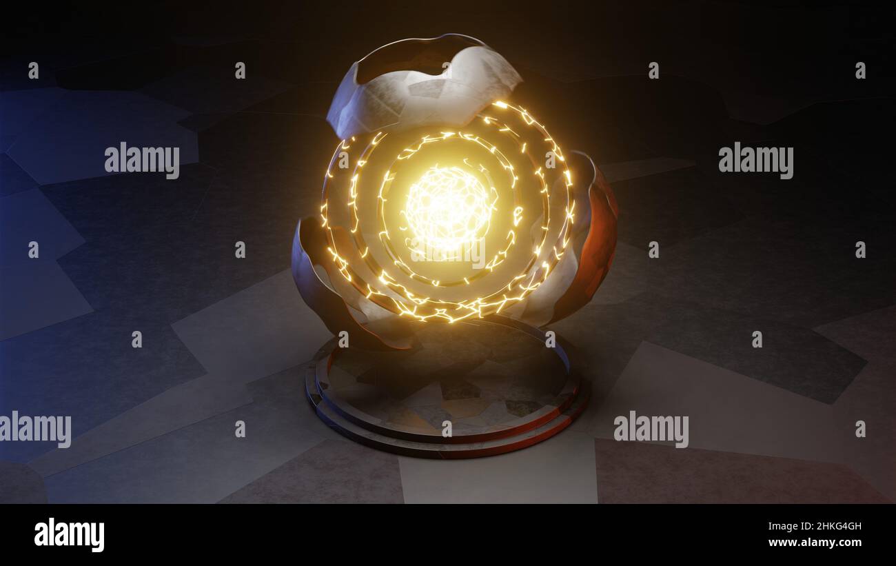 3D Render. Sci-fi object with glowing energy at center. Rotation metal ...