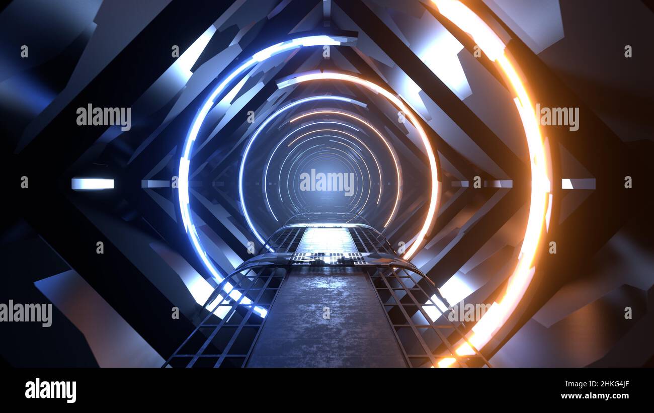 3D Render. Abstract interior sci-fi spaceship corridor with yellow and ...