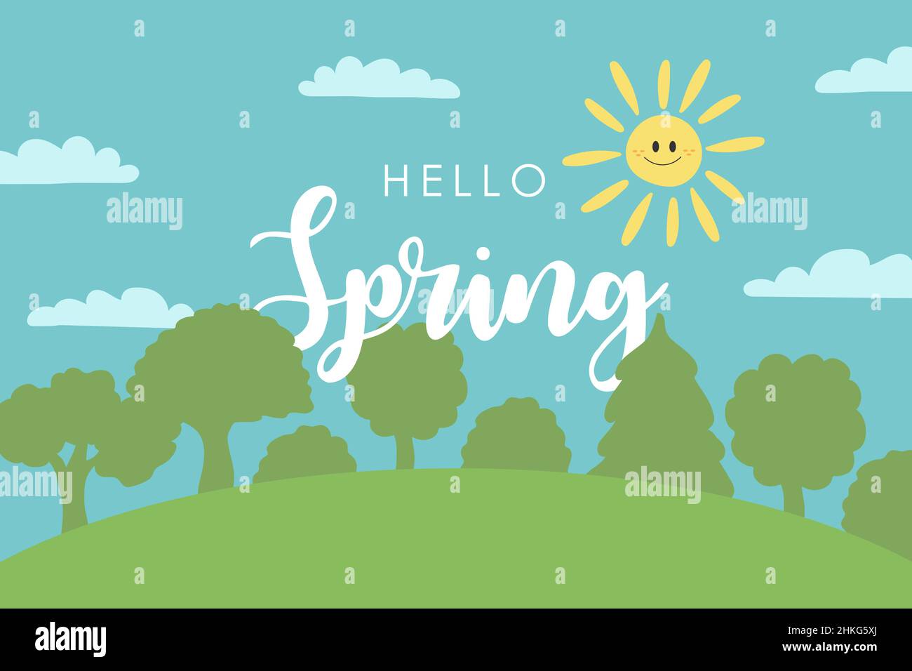 Spring landscape in cartoon style with trees, sun, clouds and the ...