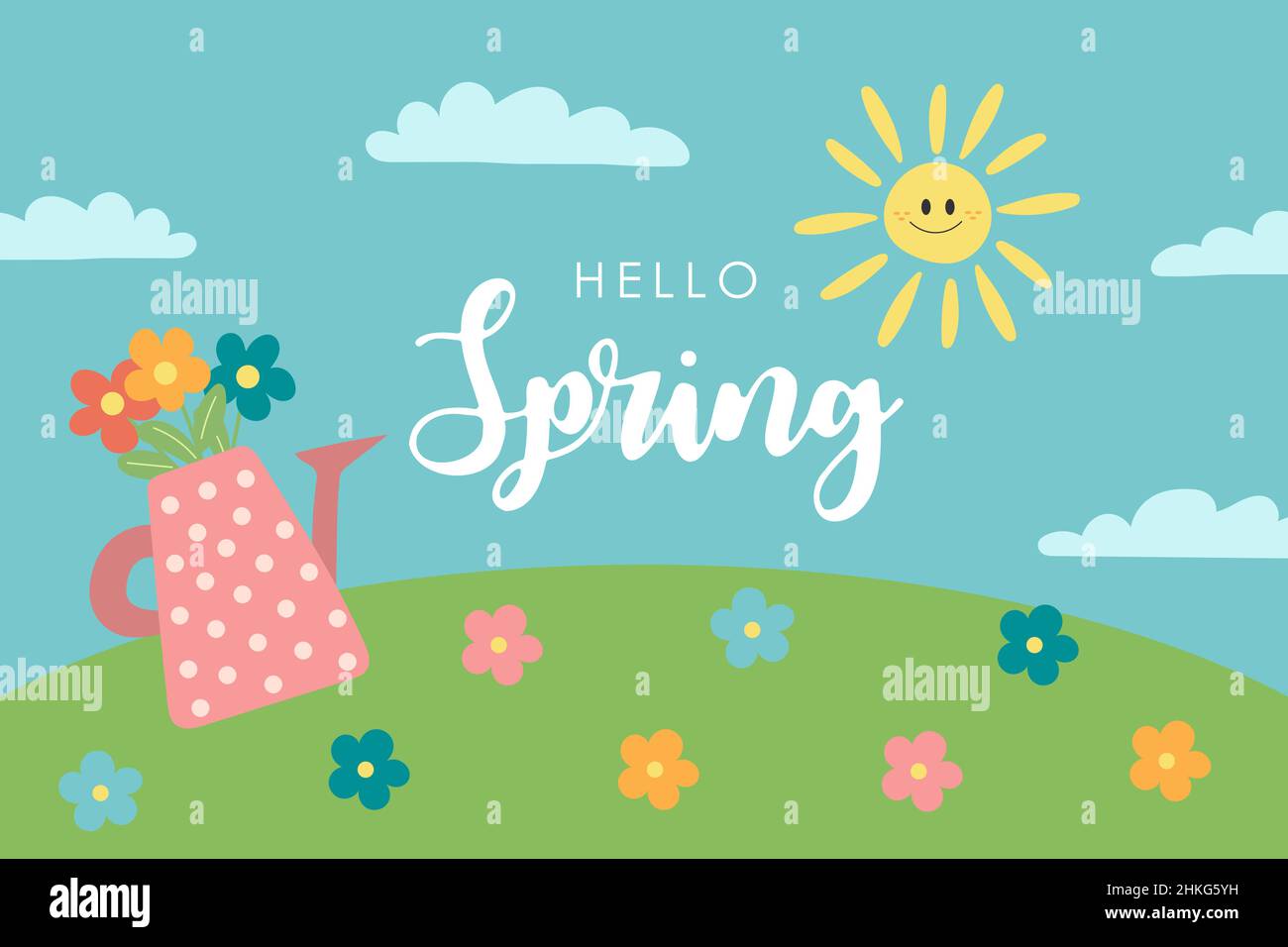 Hello spring card with watering can and flowers, sun and clouds. Spring ...