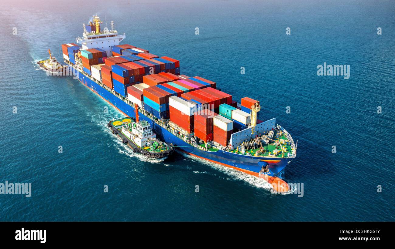 Aerial view of cargo ship with cargo container on sea Stock Photo - Alamy