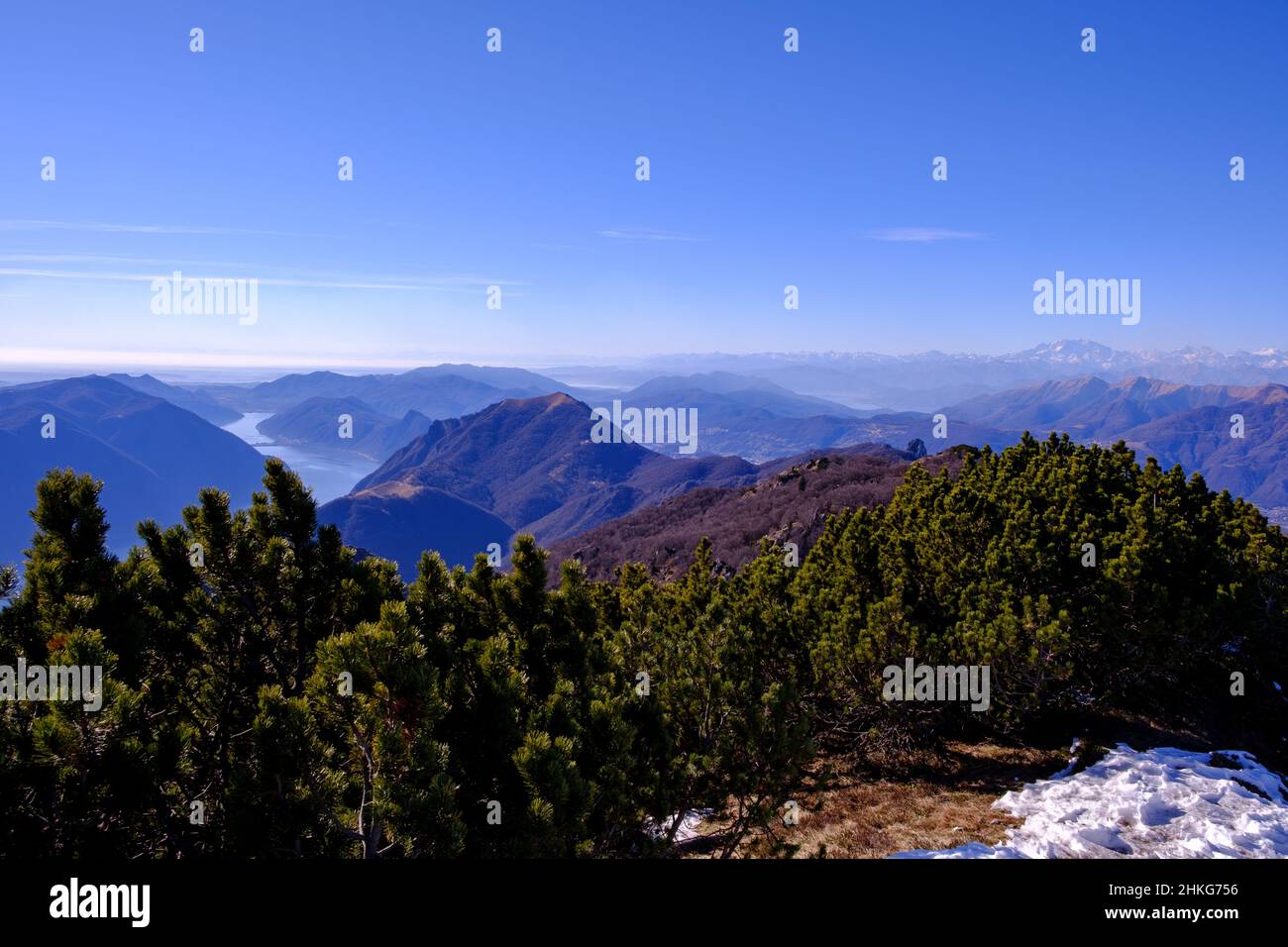 Lake Lugano and the Melide's Bridge from the top of a mountain Stock ...
