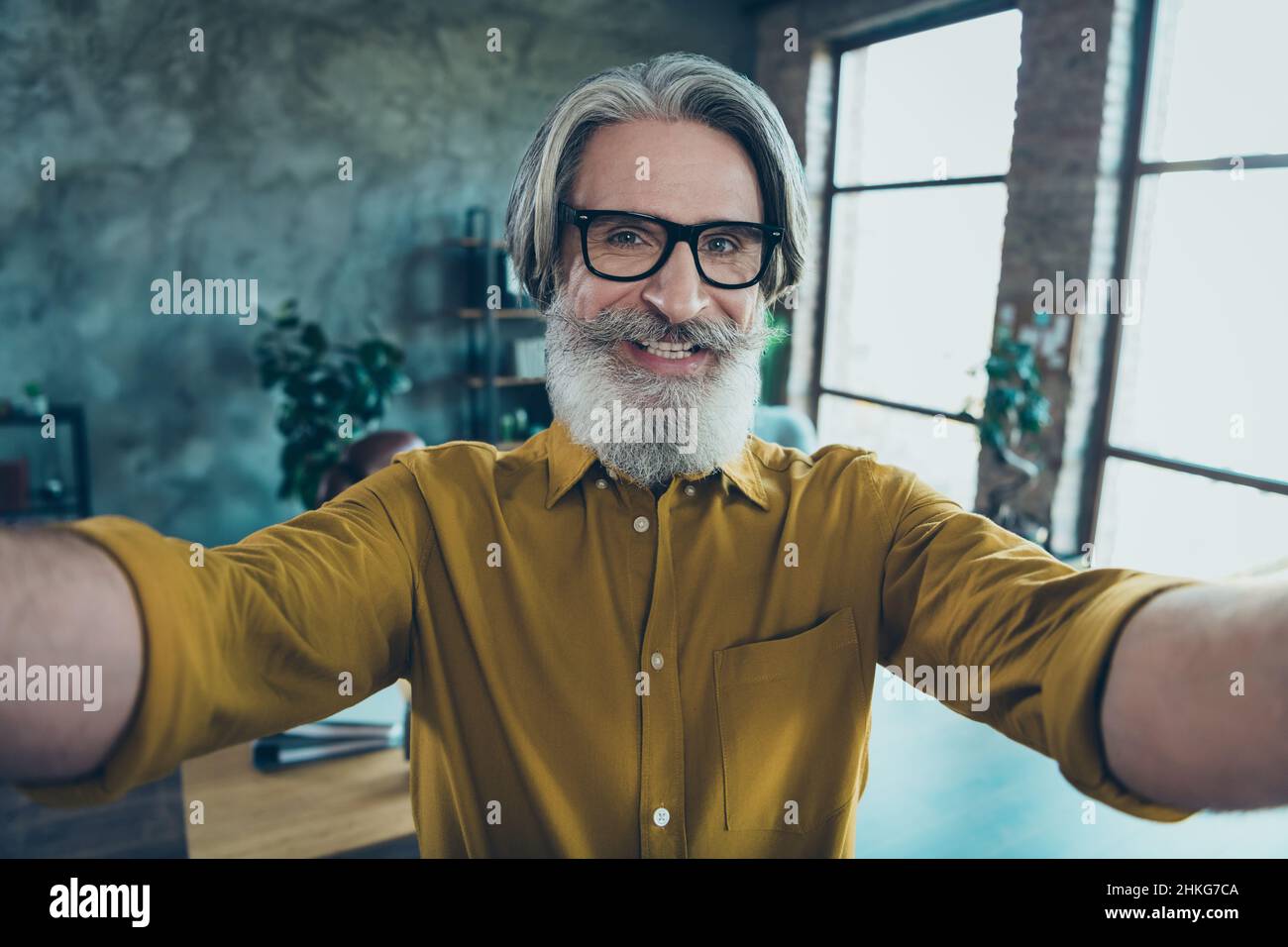 Self-portrait of attractive cheerful gray-haired man leader partner ...