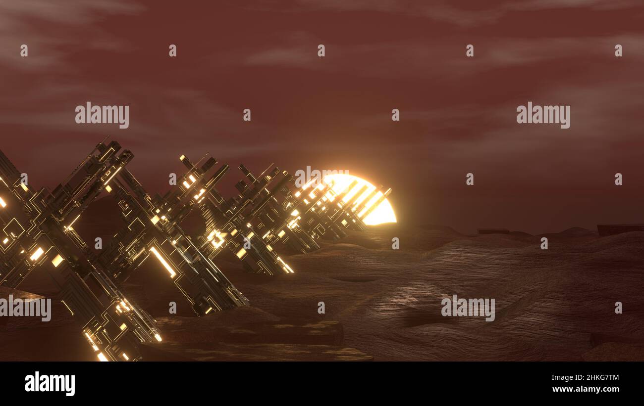 3D Render. Abstract Sci Fi Alien Terrain Background with Sunset ...