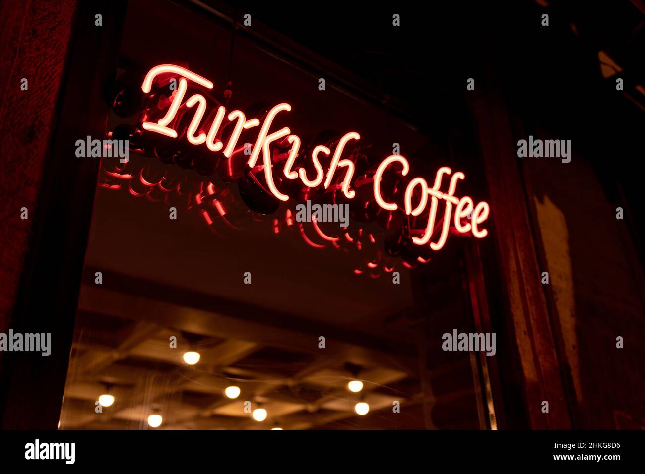 Glowing Turkish Coffee neon sign at a cafe in Istanbul Turkey Stock ...