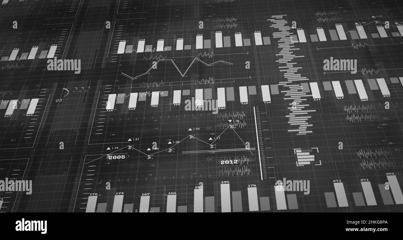Image of diagrams with numbers and data processing on black background ...