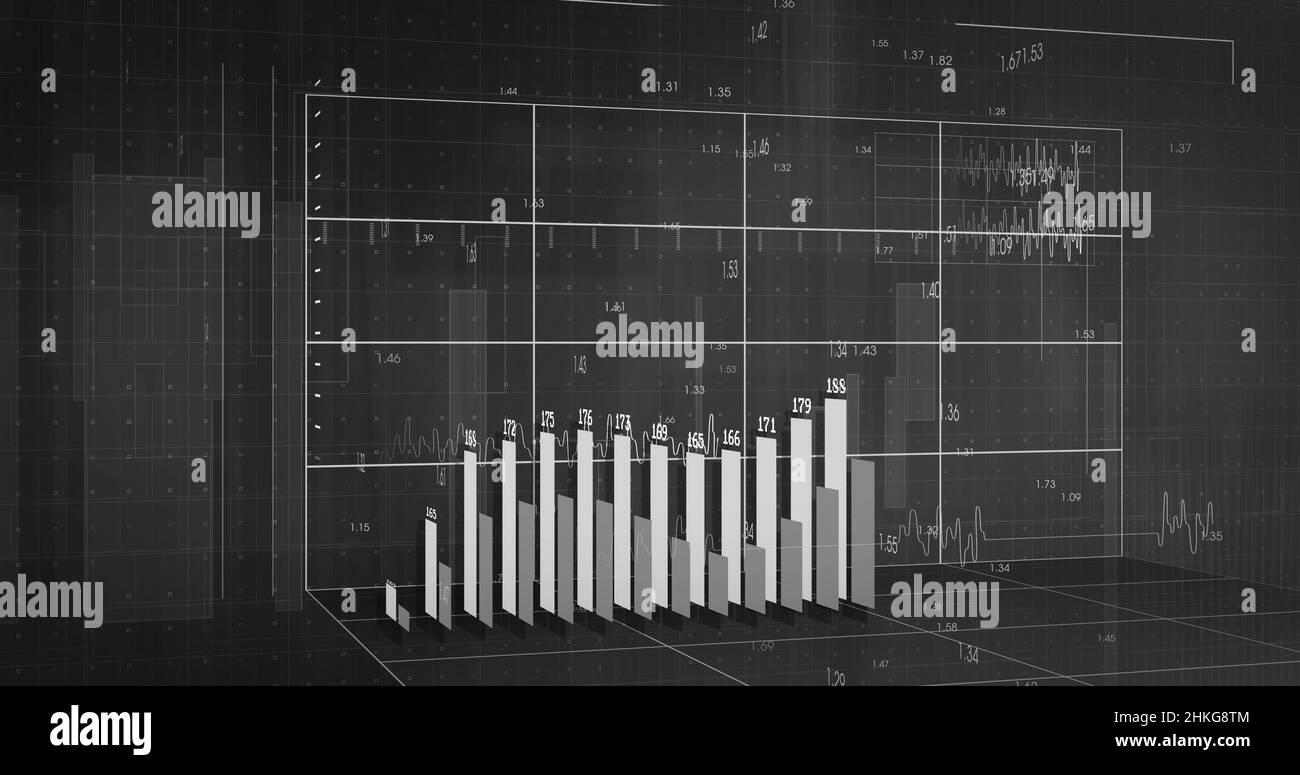 Image of diagrams with numbers and data processing on black background ...