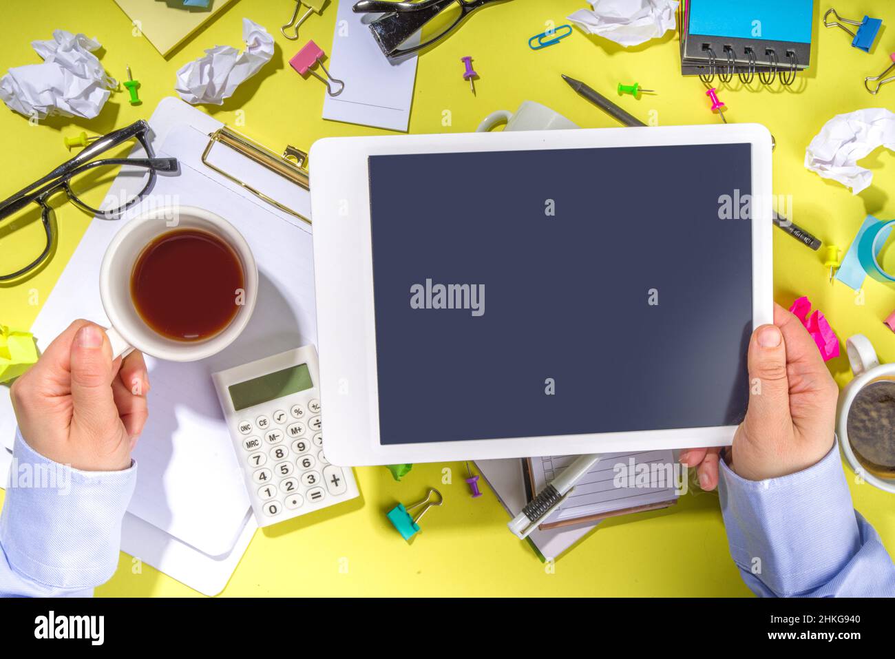 Brainstorming office table background. Office work table with notepads ...