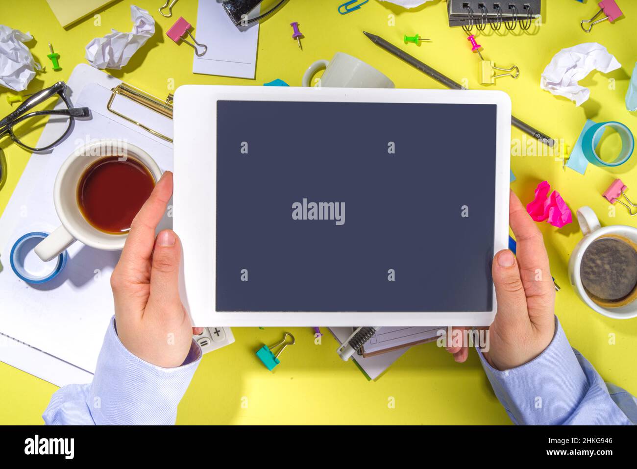 Brainstorming office table background. Office work table with notepads ...