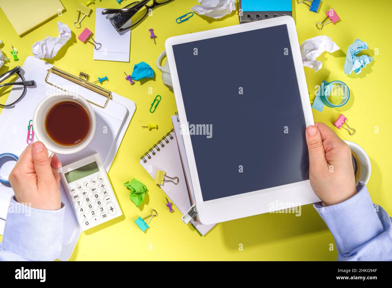 Brainstorming office table background. Office work table with notepads ...
