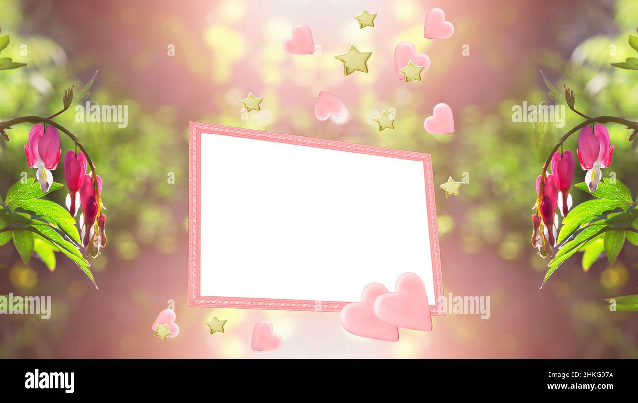 Unfocused pink background with flowers, an empty 3D text frame and ...