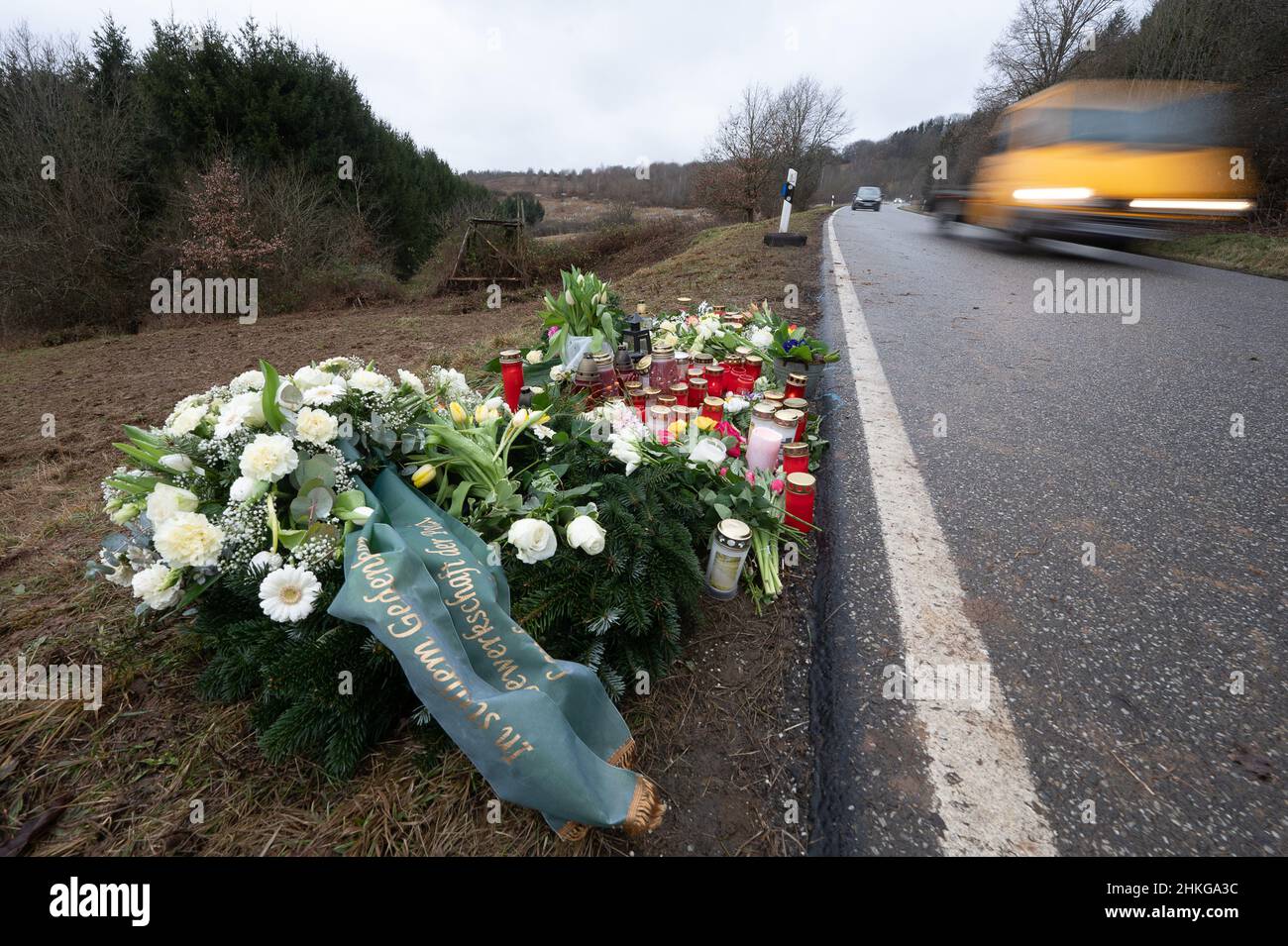 Ulmet, Germany. 04th Feb, 2022. Flowers and candles stand at the scene ...