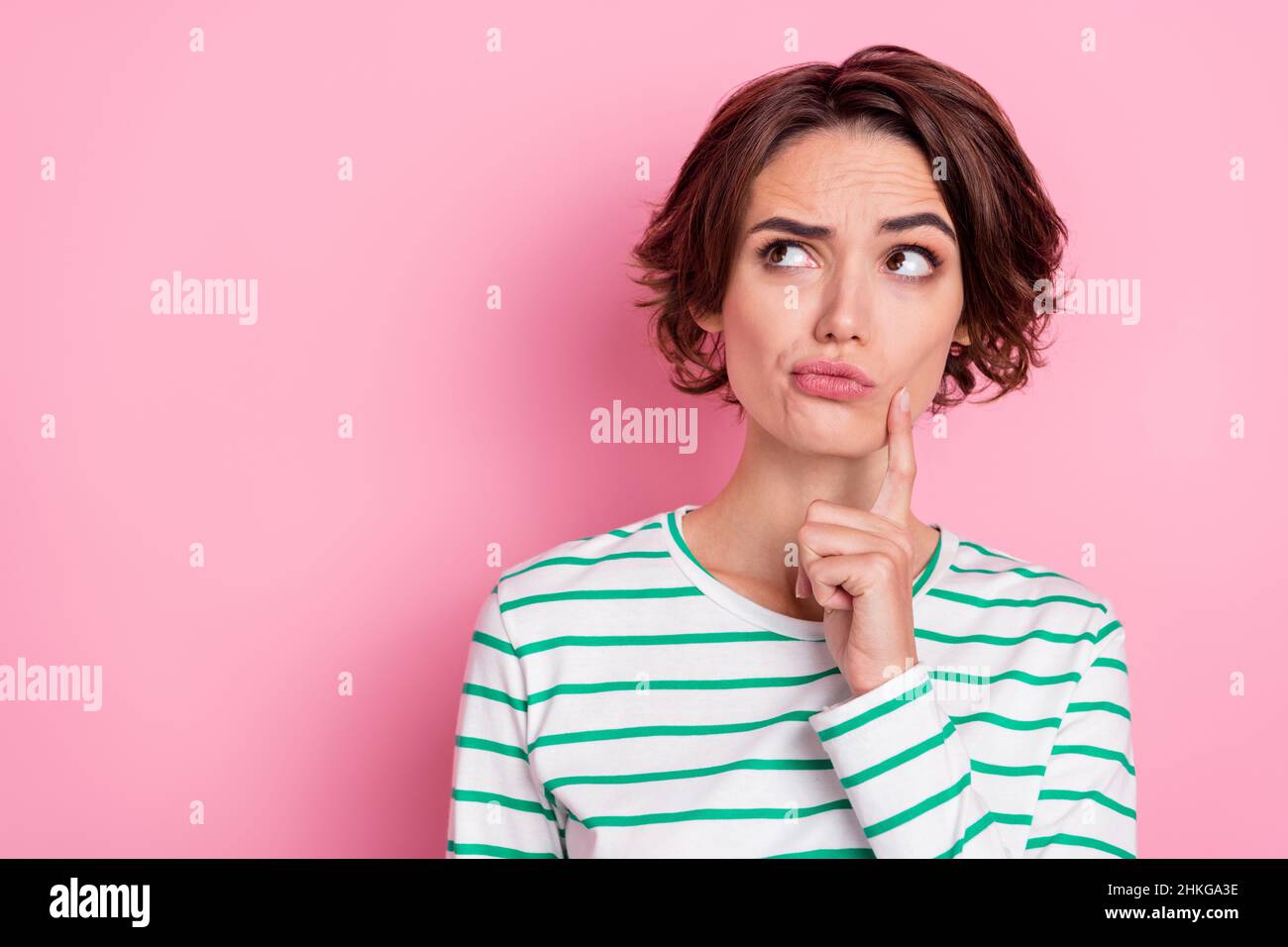 Portrait of attractive moody girl deciding copy blank space solution ...