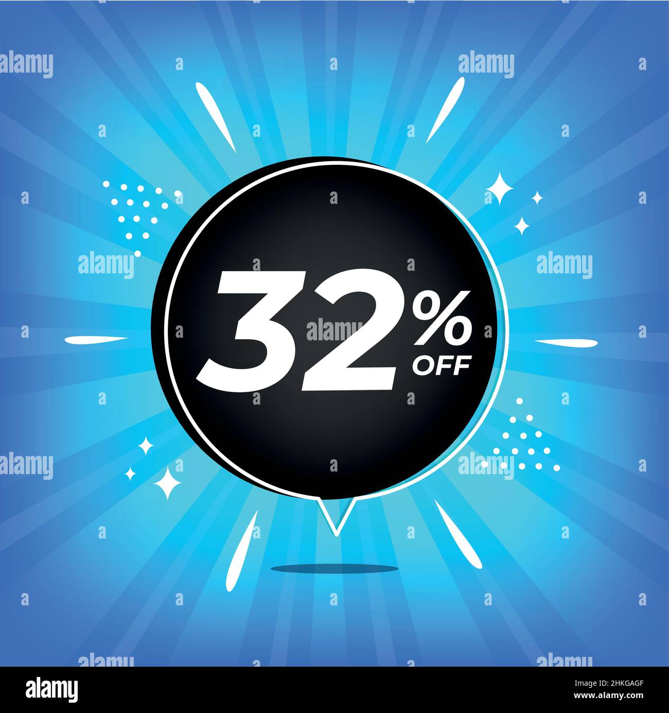 32% off. Blue banner with thirty-two percent discount on a black ...