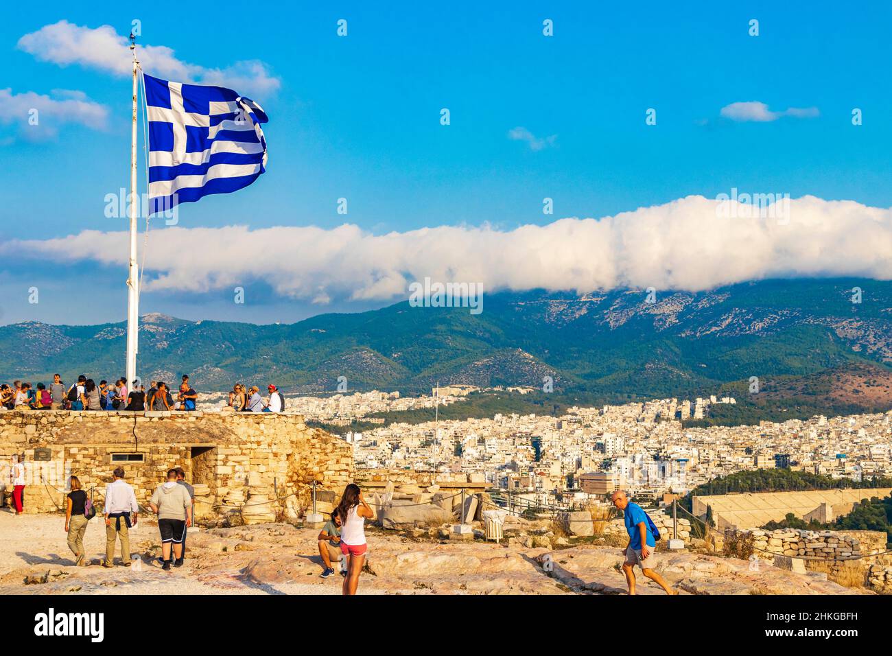 Athens Greece 04. October 2018 Greek blue and white flag with blue sky ...