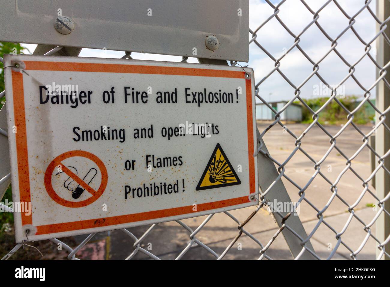 Warning sign for fire and explosion at abandoned US Airbase Heidelberg ...