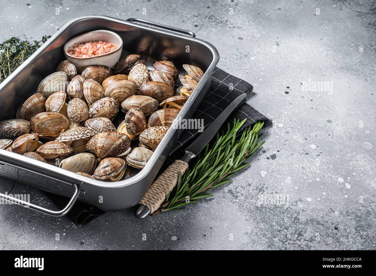 Raw shells Clams vongole in a steel tray. Gray background. Top view ...