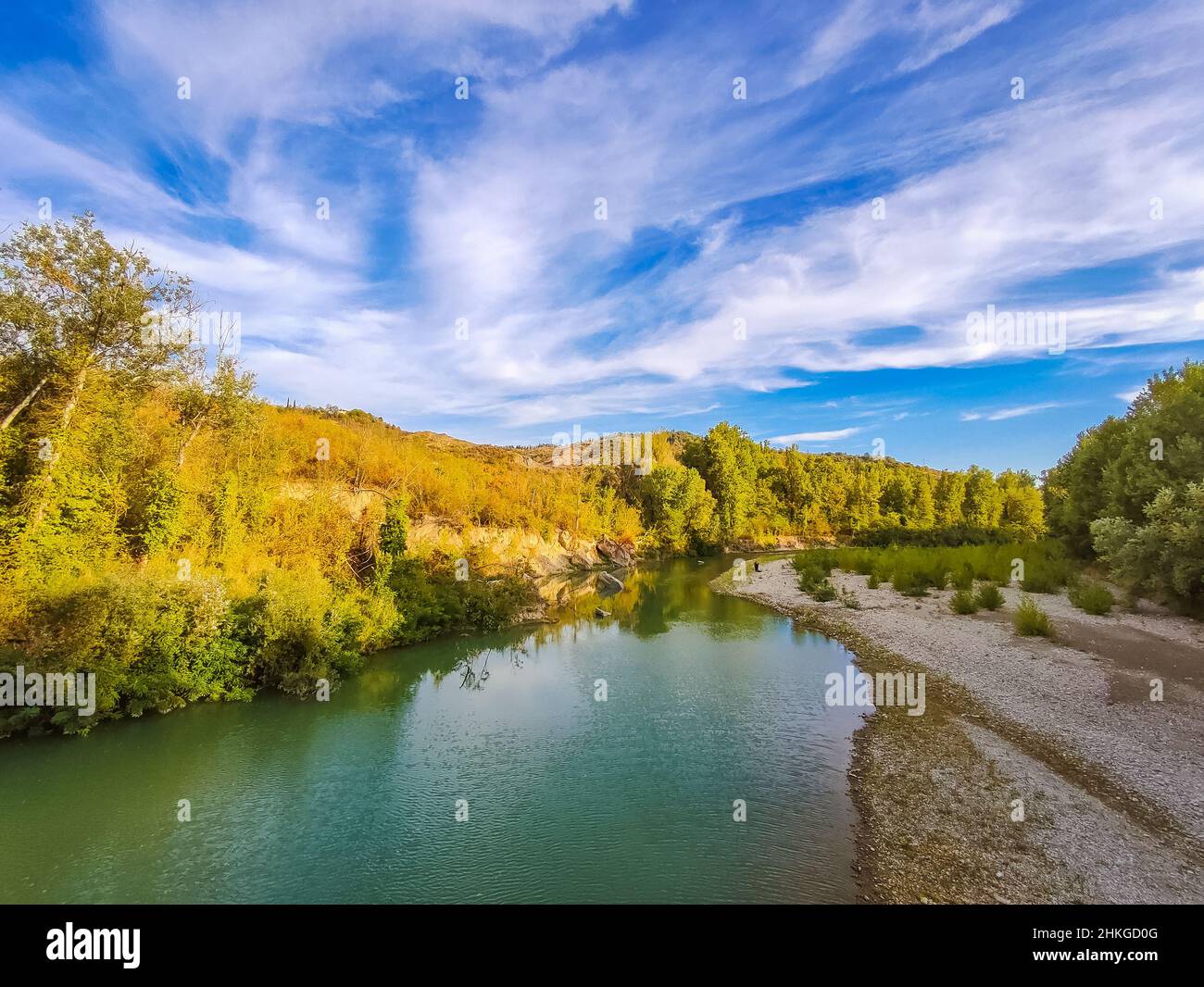 View of Reno river, near the city of Bologna, Italy, in a afeternon of ...