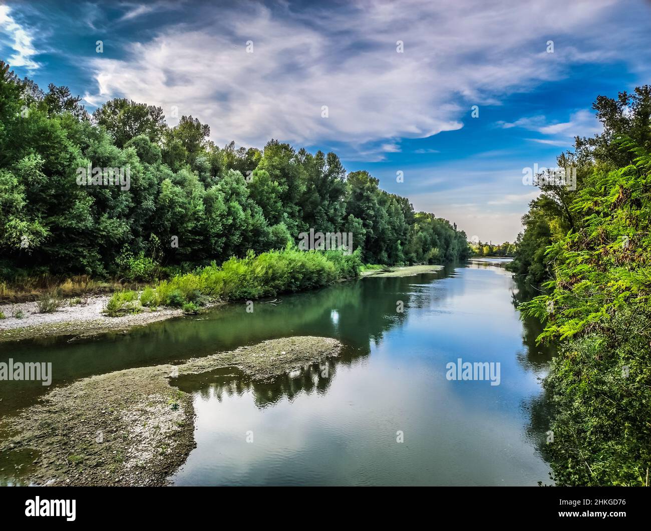View of Reno river, near the city of Bologna, Italy, in a afeternon of ...