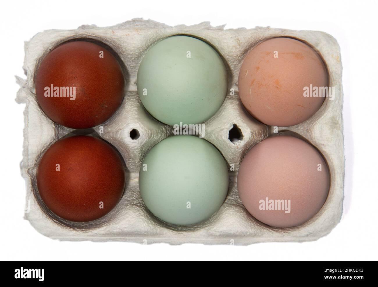 Box with eggs in three different colors laid by three types of chickens ...