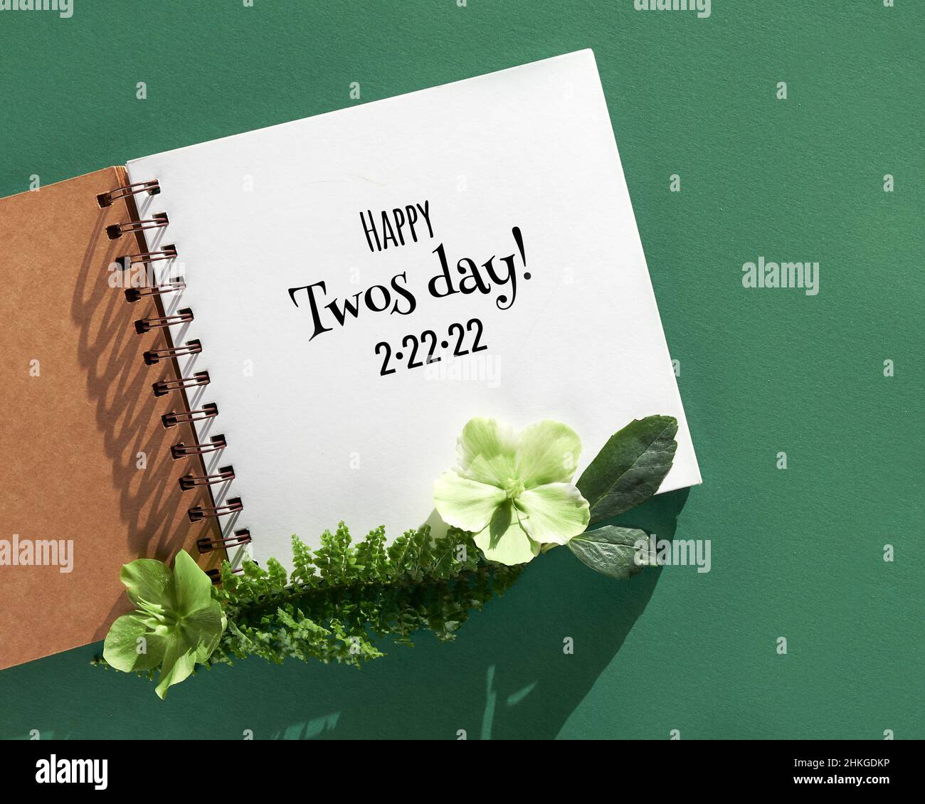 Happy Twos day 2.22.22, Twosday or Twos-day. Flowers, leaves, white ...