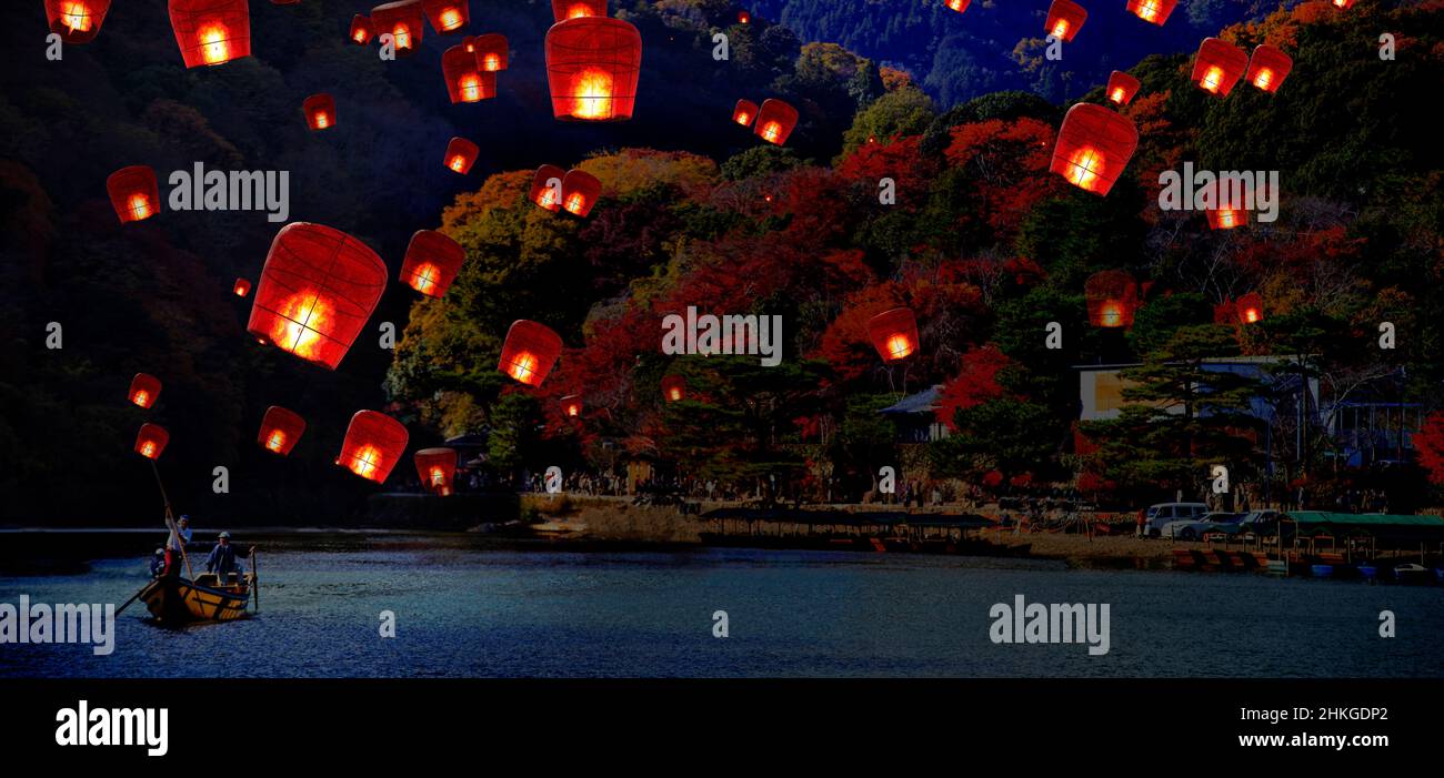 3d rendering of floating sky lanterns with nice view Stock Photo - Alamy