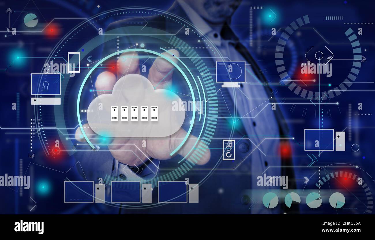 Cloud computing. Businessman hand touching cloud with servers Stock ...