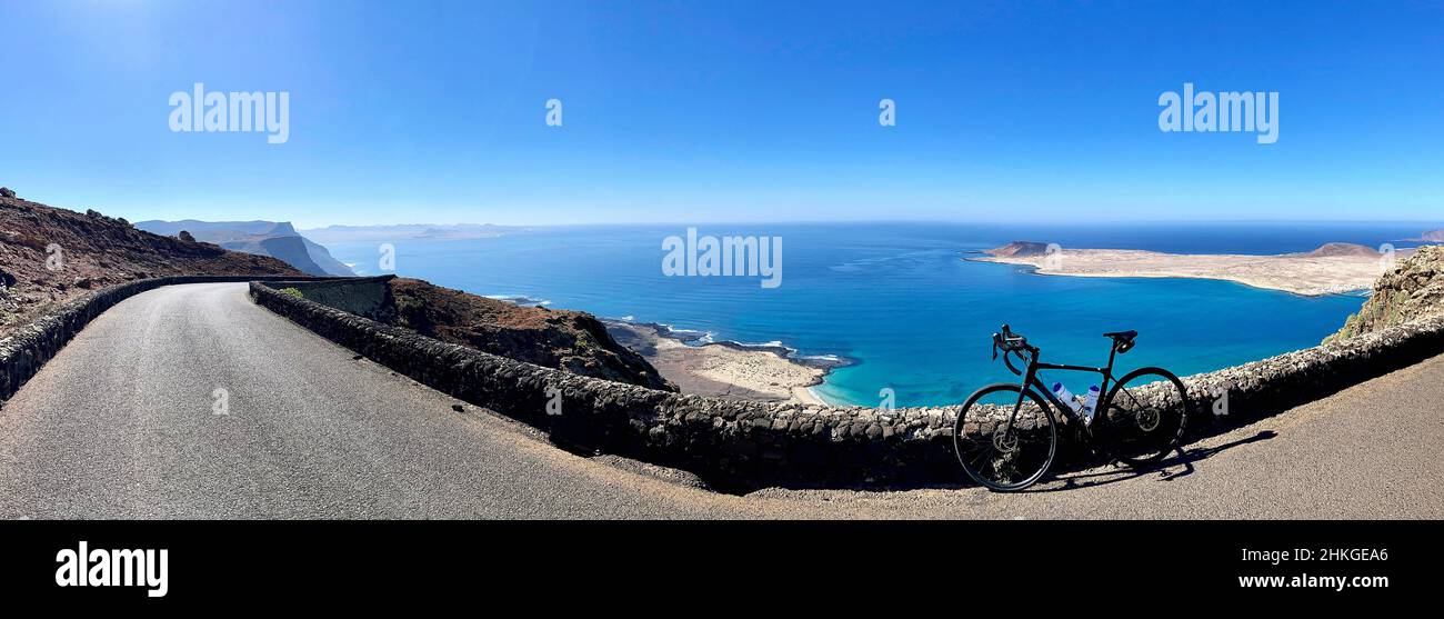 Road bike on the coastal road at Mirador del Rio in the north of the ...