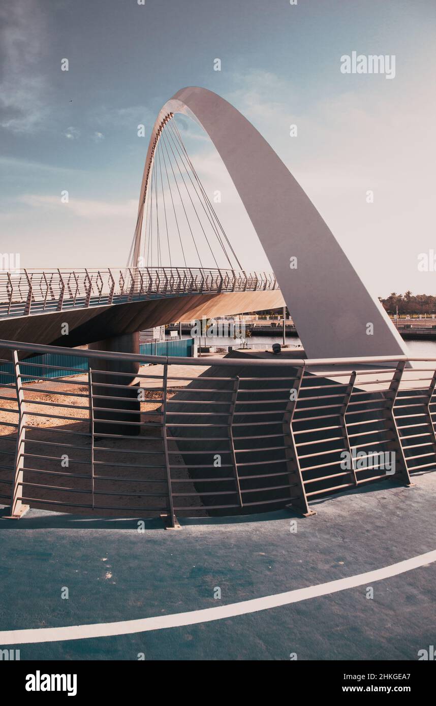 DUBAI, UAE - FEBRUARY, 2018: Dubai Water Canal arch bridge or Tolerance ...