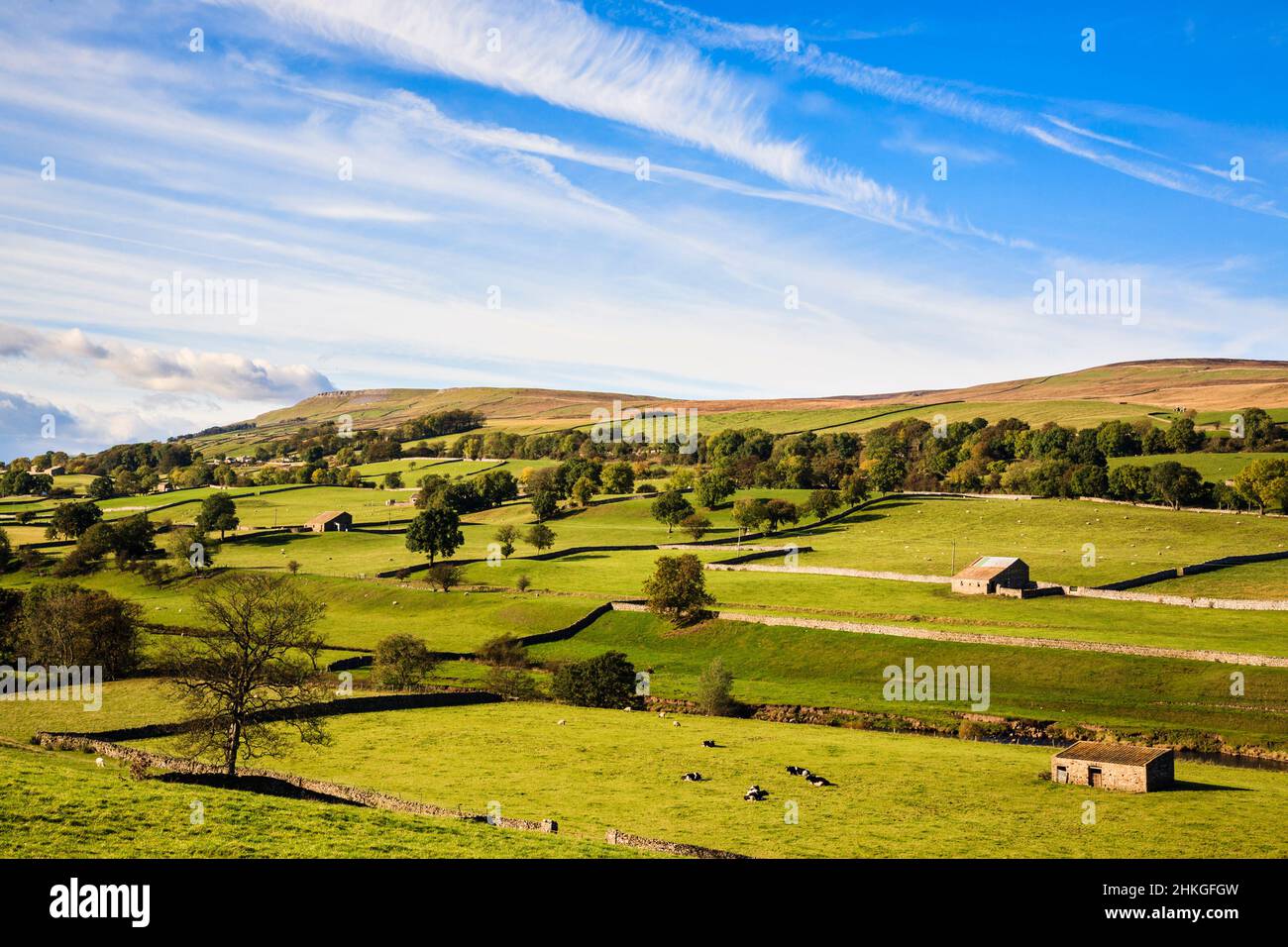 Rural landscape stone walls barns green fields hilly upland across ...