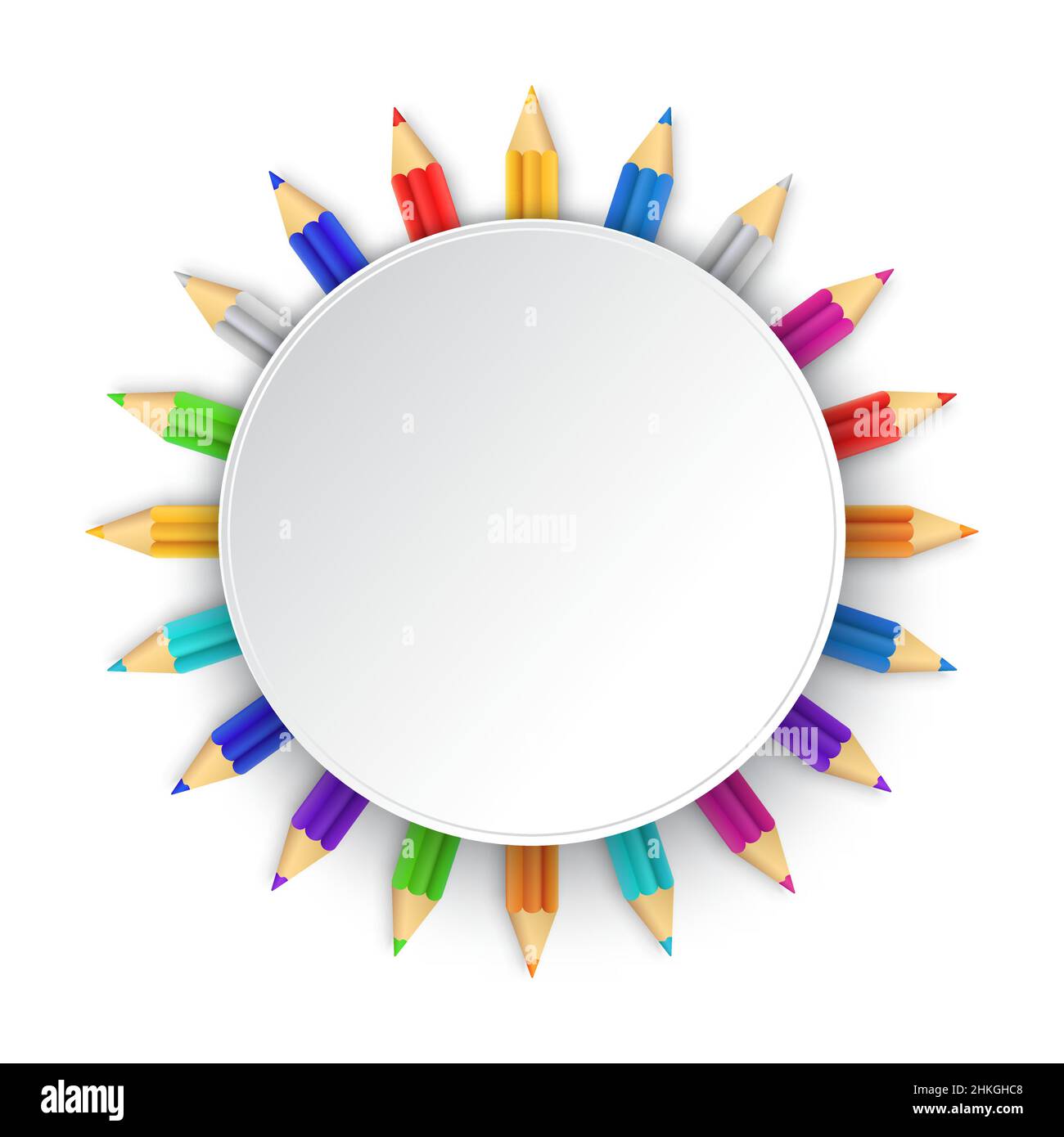 White background with multicolor pencils. Vector illustration. Rounded ...