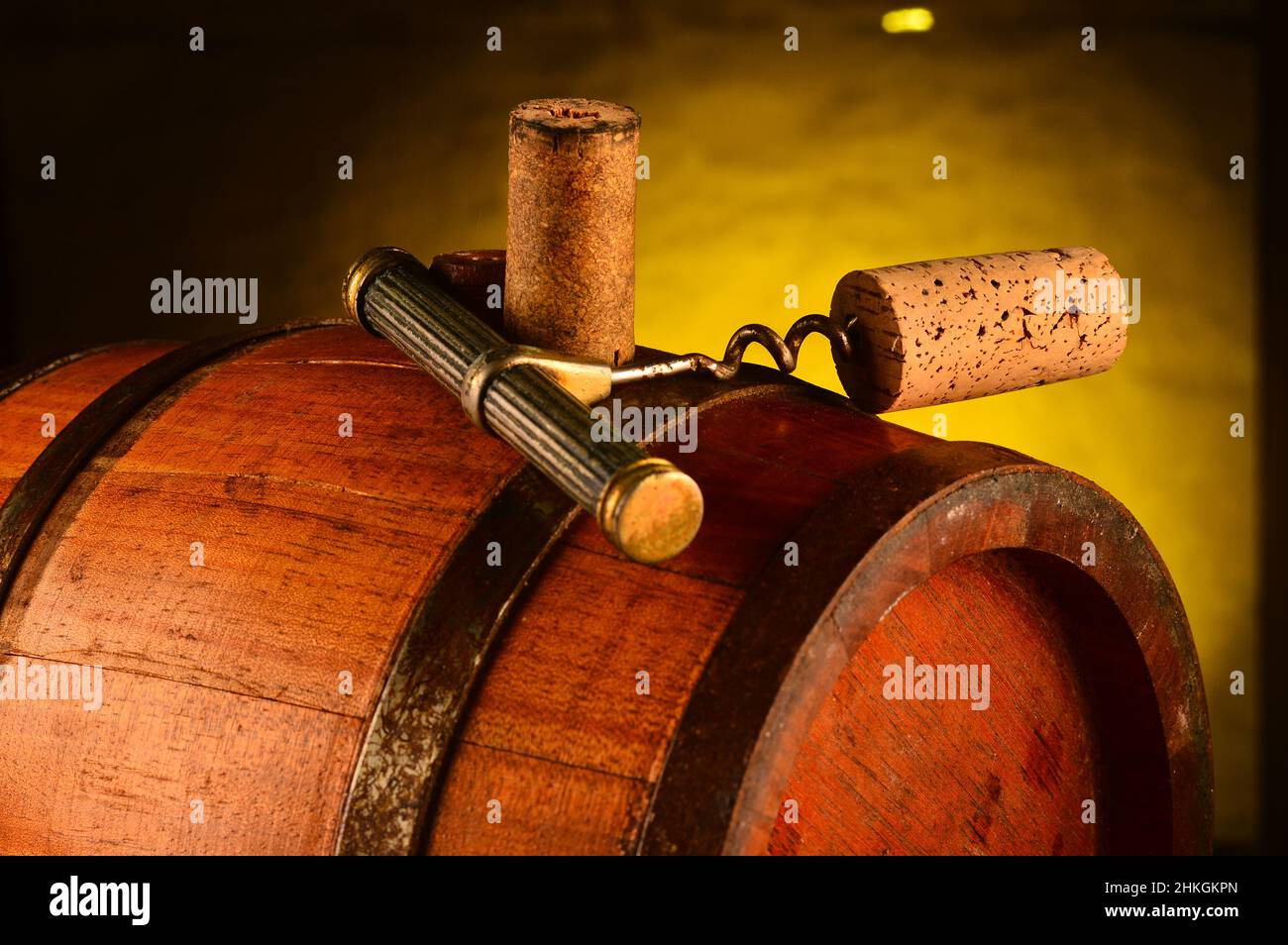 Still life with corc and coscrew on wodden barrel Stock Photo - Alamy