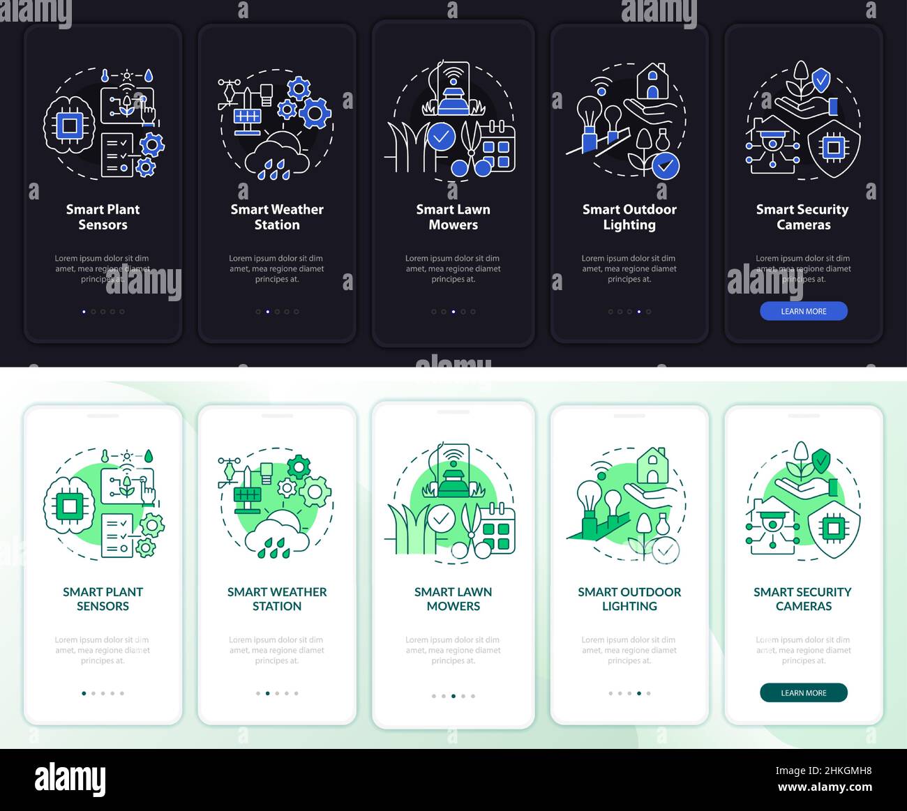 Smart agriculture night and day mode onboarding mobile app screen Stock ...