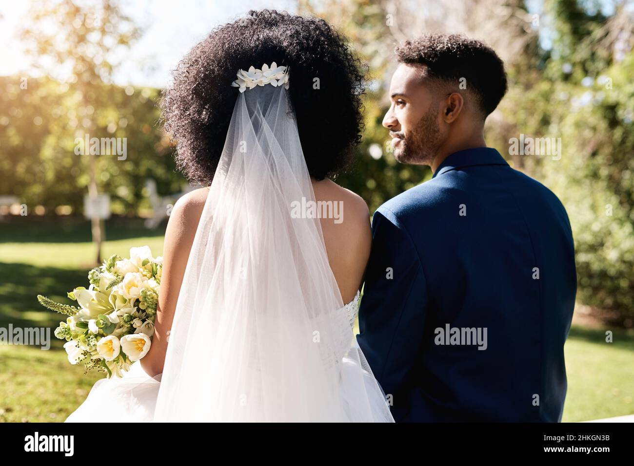 Let's grow old together. Rearview shot of a newlywed young couple ...