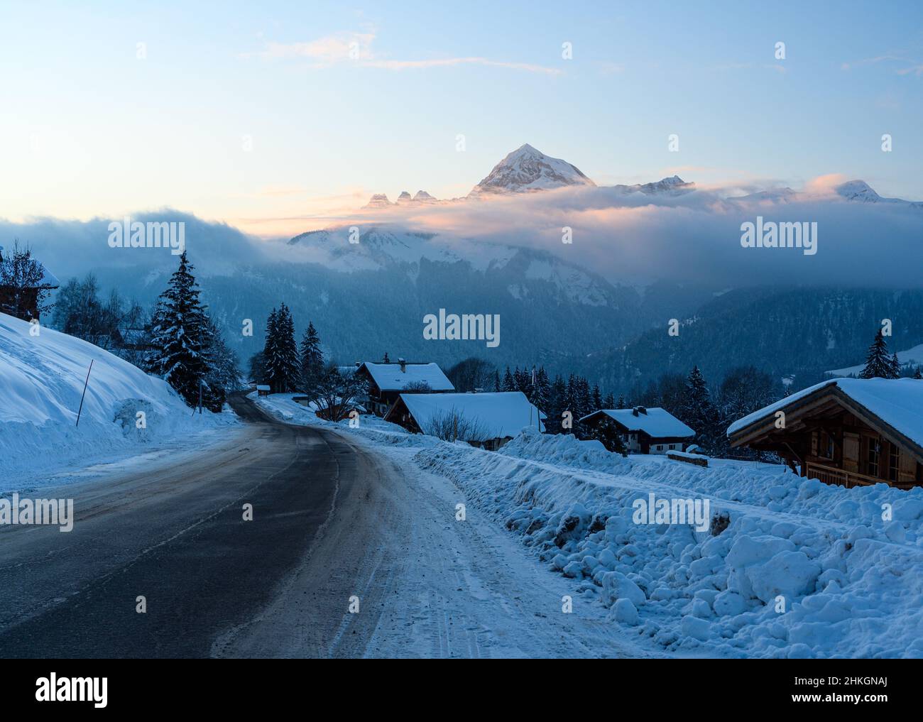 Landscape view of European Alps Mountain Range taken from a small town ...
