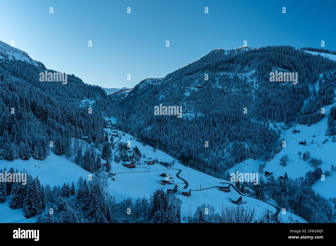 Small town in between cold, dark, dense pine tree forest on the french ...