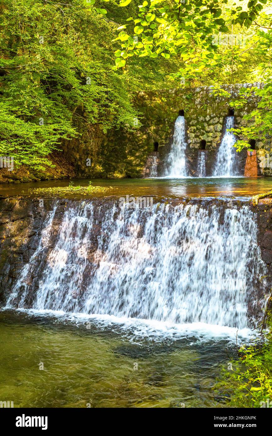 Artificial weir on a river in a leafy forest Stock Photo - Alamy