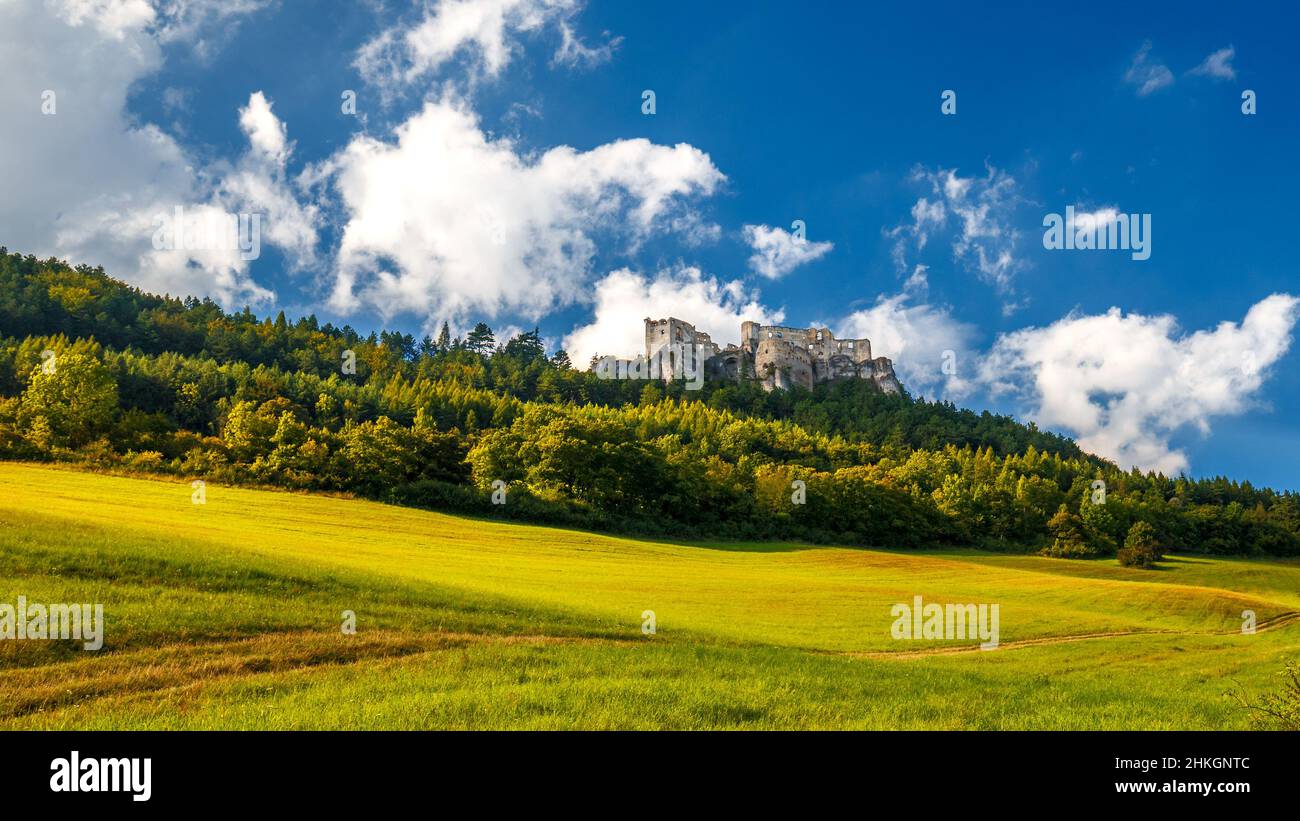 The ruins of a medieval castle Lietava on a rocky blade over a wooded ...