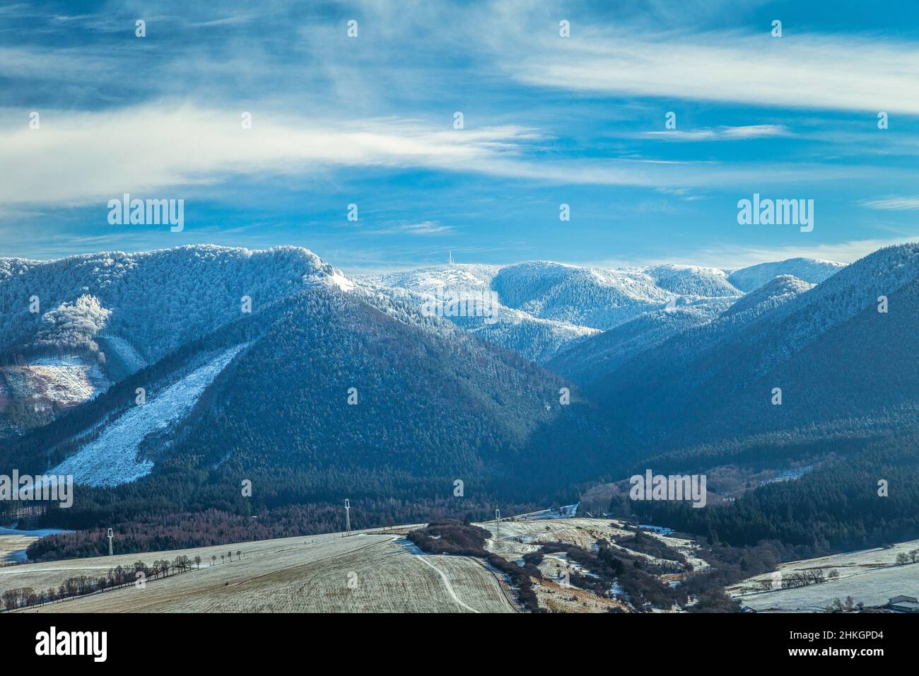 Snowy winter landscape. View of mountain range Mala Fatra from Rajecka ...