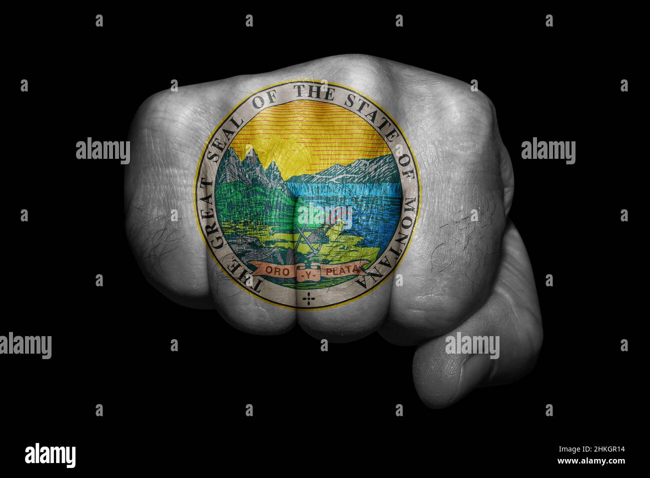 US country Montana Seal Flag painted on strong fist on black background ...