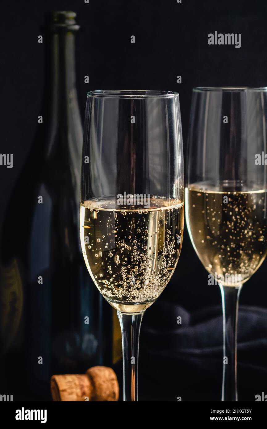 Closeup View of Champagne in Flute Glasses: Detail view of bubbly ...